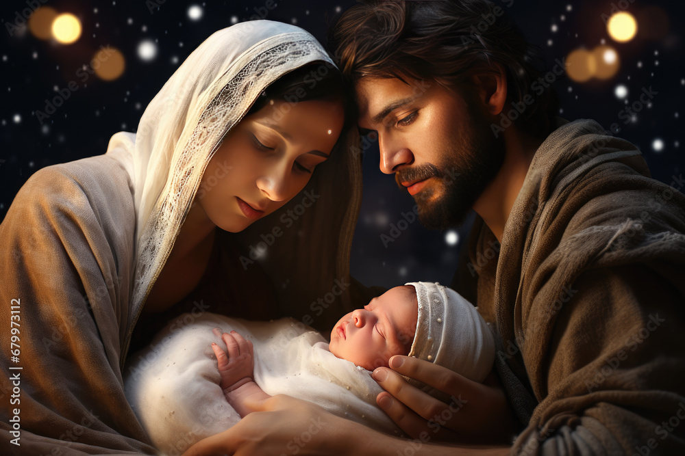 Nativity story - Joseph, Mary and newborn baby Jesus Christ. Christian ...