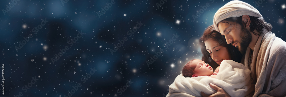 Nativity scene with Mary, Joseph and newborn baby Jesus. Christian ...