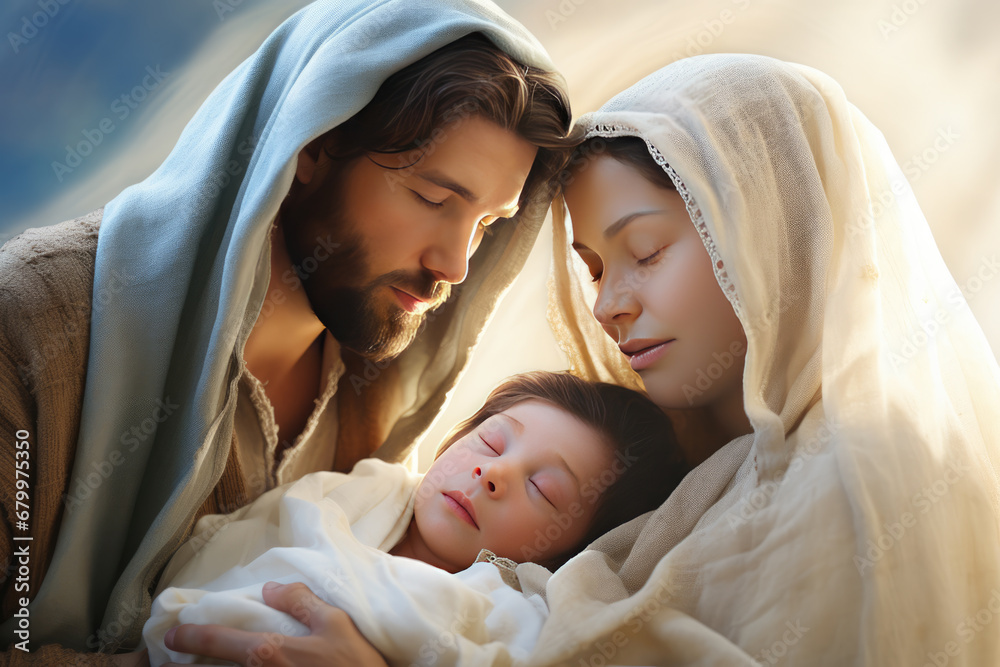 Nativity scene with Mary, Joseph and newborn baby Jesus. Christian ...