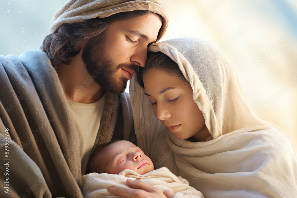 Nativity scene with Mary, Joseph and newborn baby Jesus. Christian ...