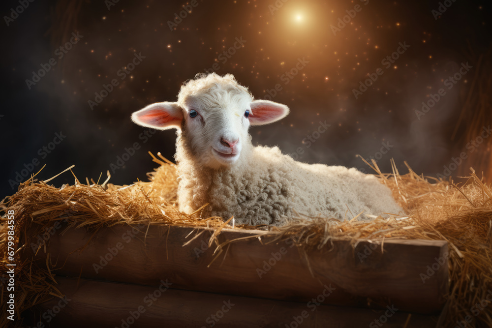 Nativity story. Sheep in wooden manger, symbol of newborn baby Jesus ...