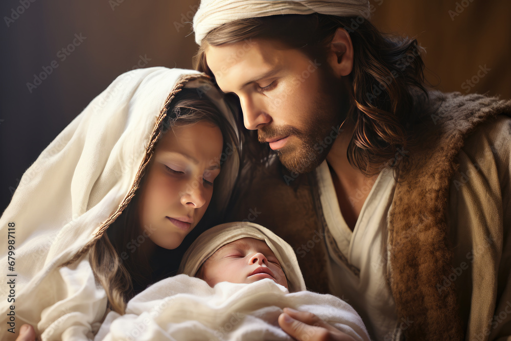 Nativity story - Joseph, Mary and newborn baby Jesus Christ. Christian ...