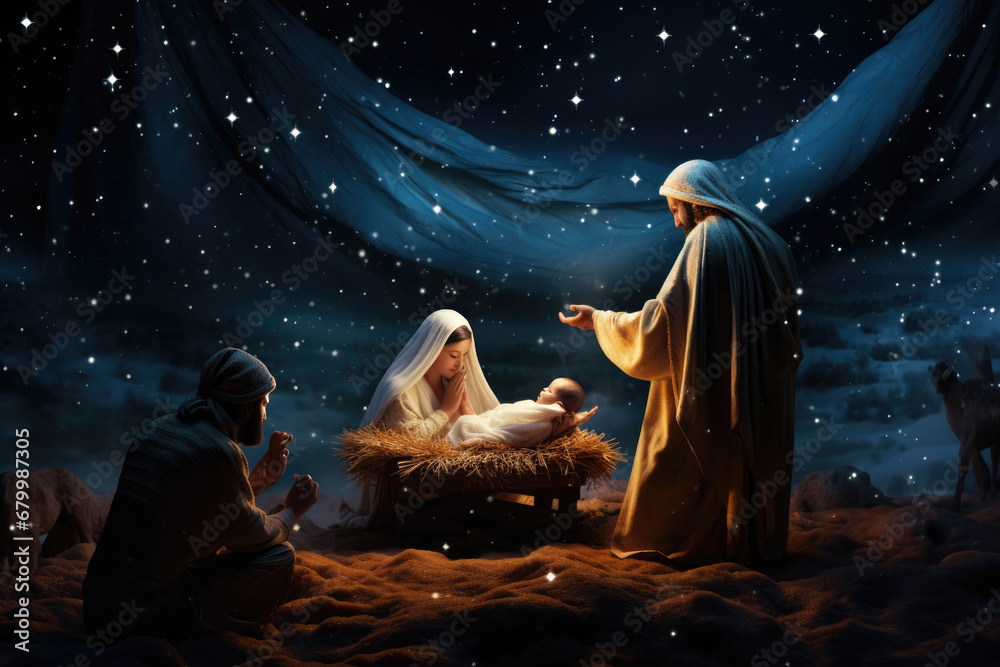 Nativity story - Joseph, Mary and newborn baby Jesus Christ. Christian ...