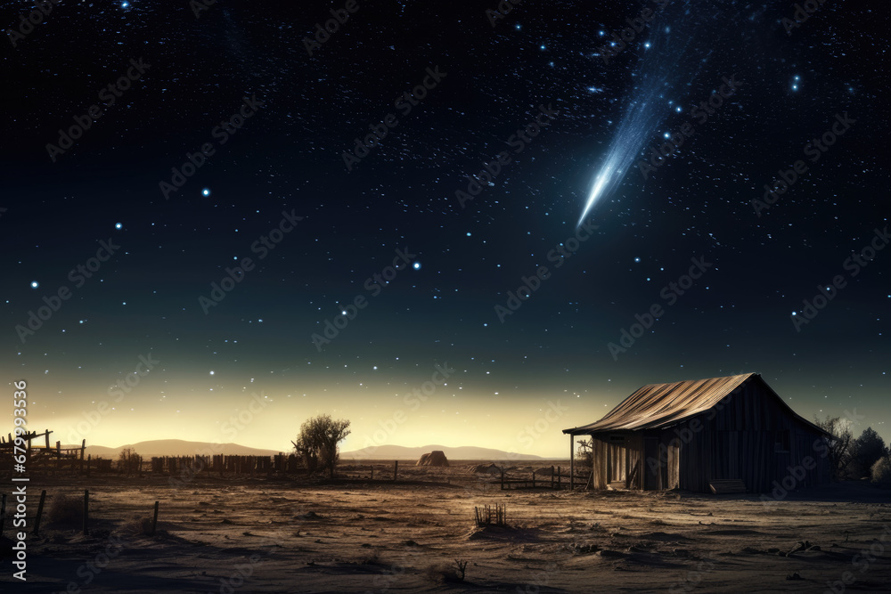 Christmas night. Comet star in night starry sky of Bethlehem. Nativity ...