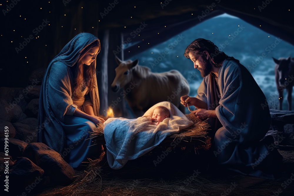 Nativity scene with Mary, Joseph and newborn baby Jesus. Christian ...