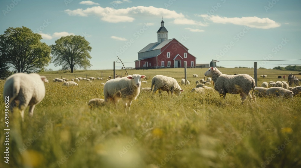Create a warm and inviting image of a farmstead with a variety of ...