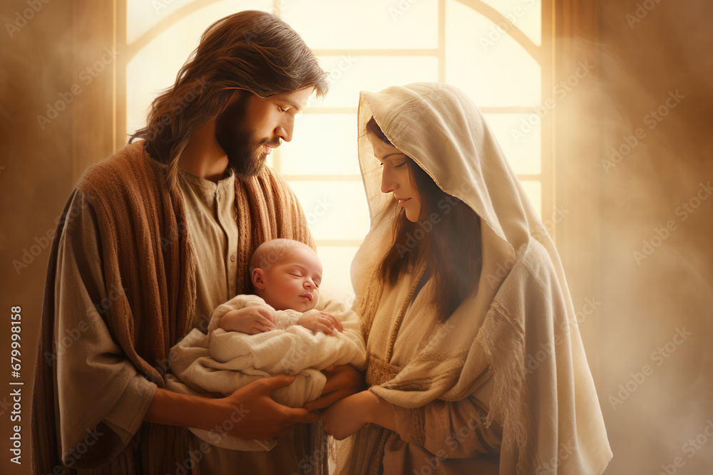 Nativity story - Joseph, Mary and newborn baby Jesus Christ. Christian ...