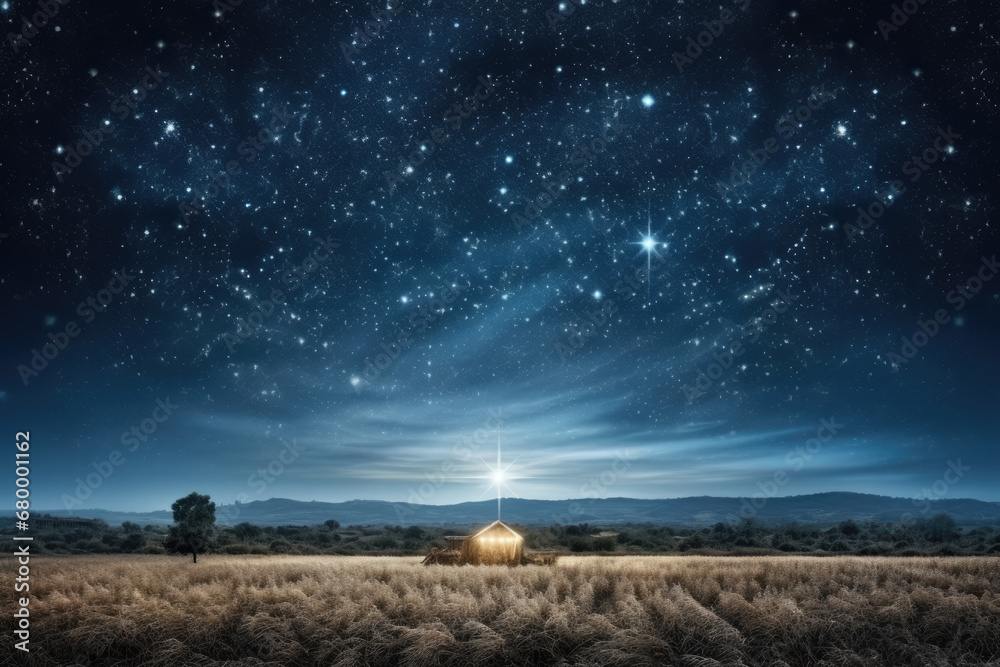 Christmas night. Comet star in night starry sky of Bethlehem. Nativity ...