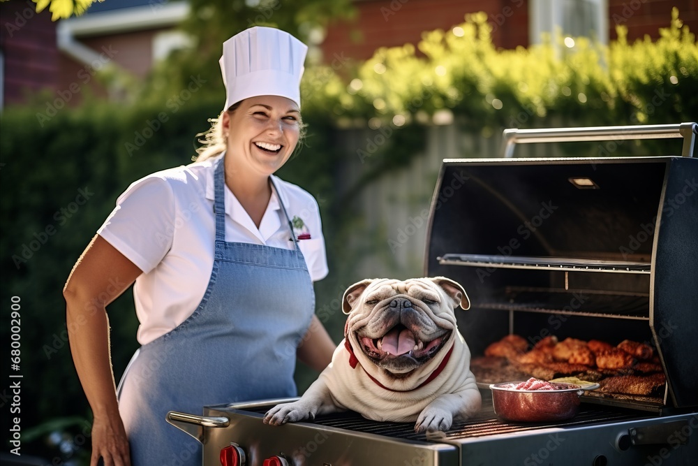 Beautiful female chef with french bulldog on a barbecue grill. Stock ...