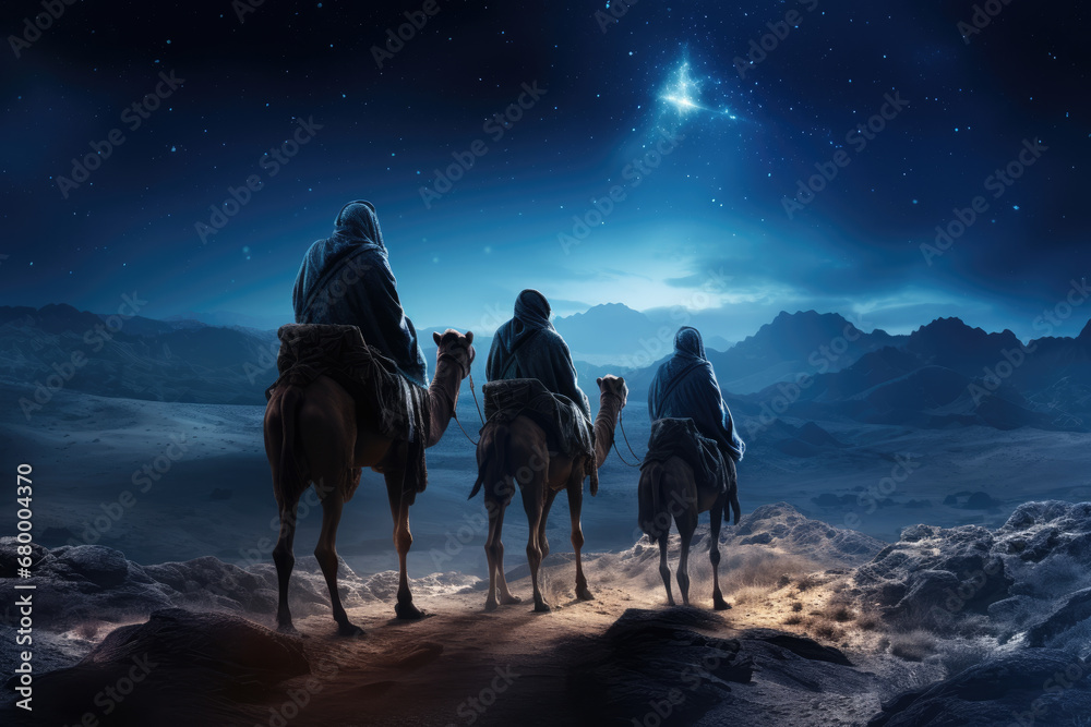 Christmas nativity story. Three wise man on camels against star of ...
