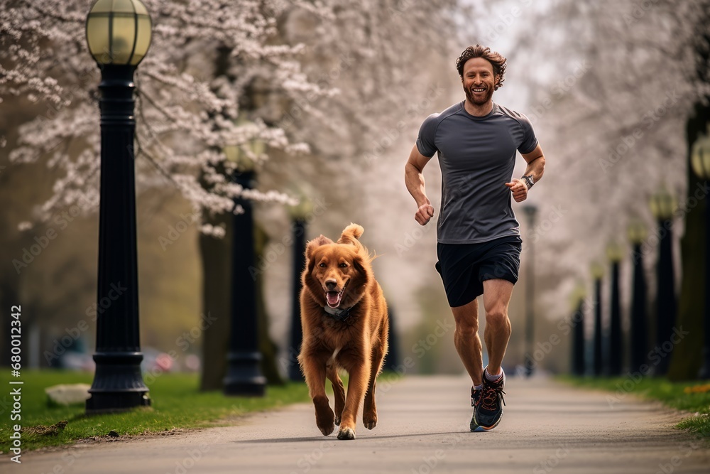 Running man jogging with his dog in the park. Healthy lifestyle. Stock ...