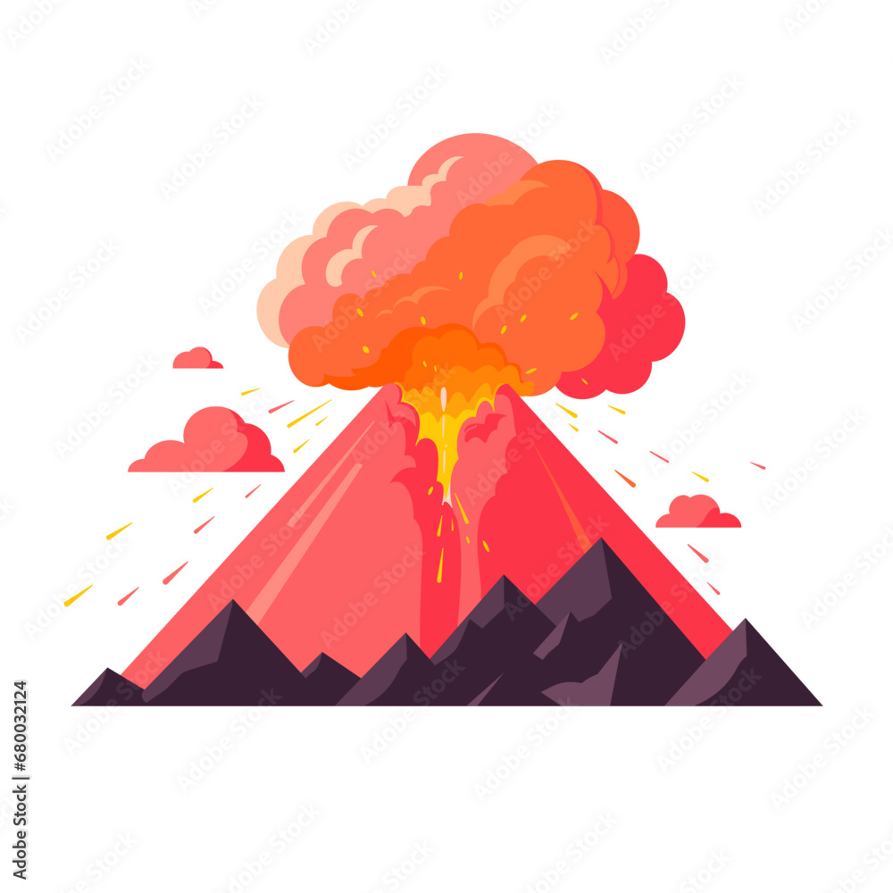 Vector illustration of volcano eruption with lava splashes and clouds ...