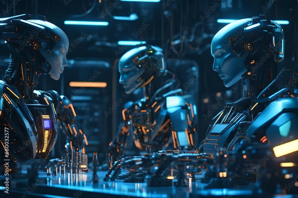 Robotics research lab with humanoid and animal-like robots in various ...