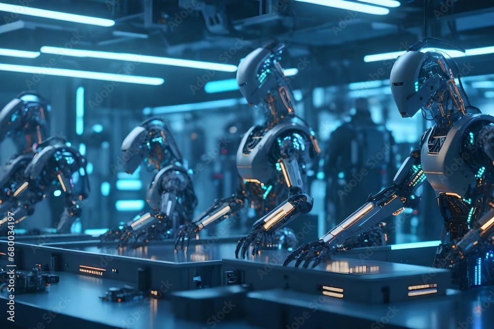 Robotics research lab with humanoid and animal-like robots in various ...