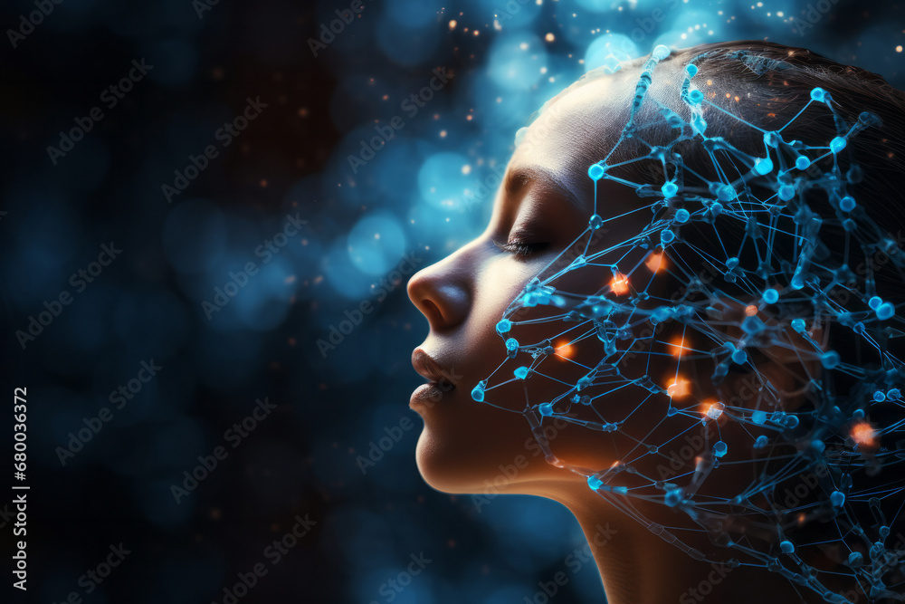 Side profile of futuristic woman face on dark background with glowing ...