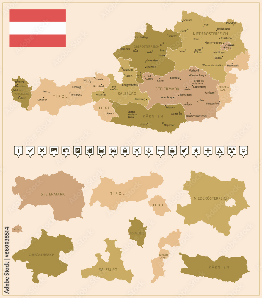 Austria - detailed map of the country in brown colors, divided into ...