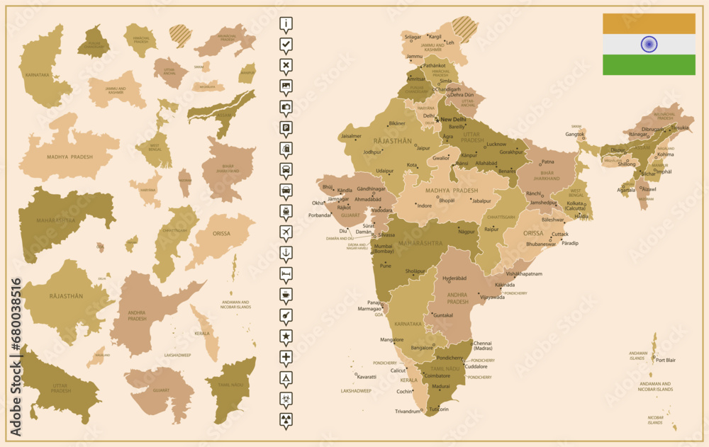 India - detailed map of the country in brown colors, divided into ...