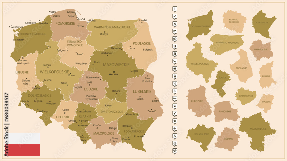 Poland - detailed map of the country in brown colors, divided into ...