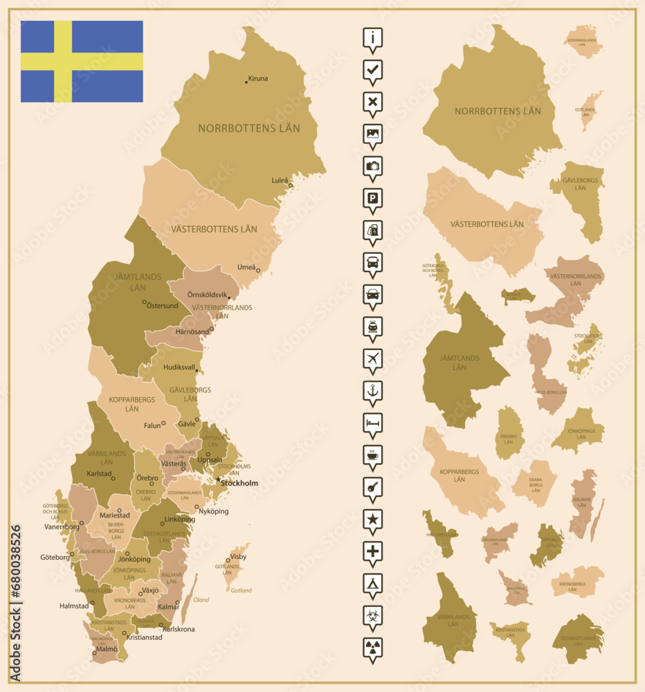 Sweden - detailed map of the country in brown colors, divided into ...