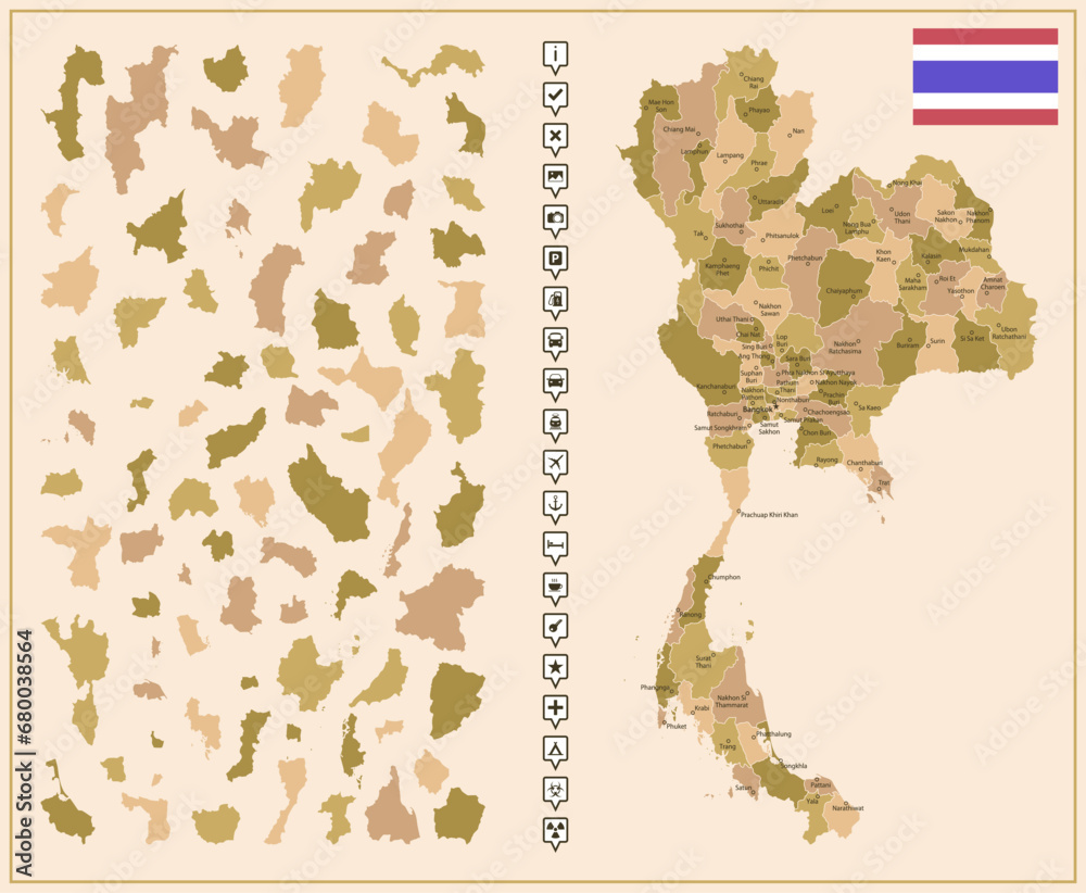 Thailand - detailed map of the country in brown colors, divided into ...