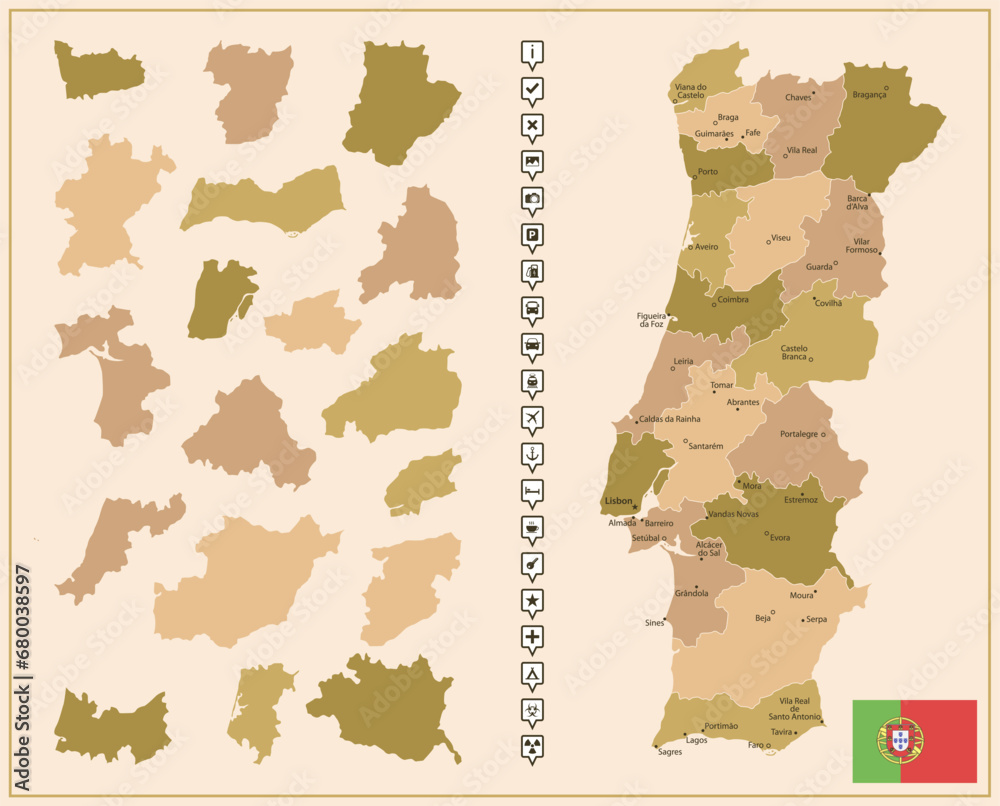 Portugal - detailed map of the country in brown colors, divided into ...