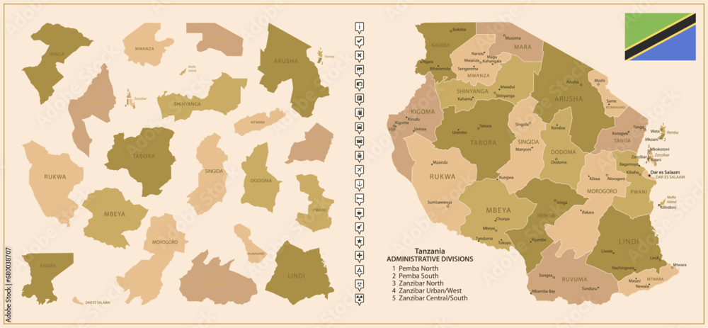 Tanzania - detailed map of the country in brown colors, divided into ...