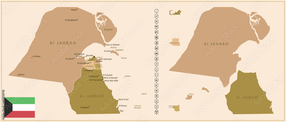 Kuwait - detailed map of the country in brown colors, divided into ...