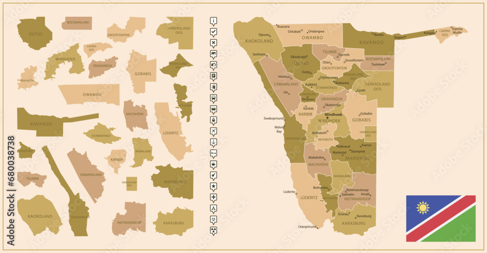 Namibia - detailed map of the country in brown colors, divided into ...