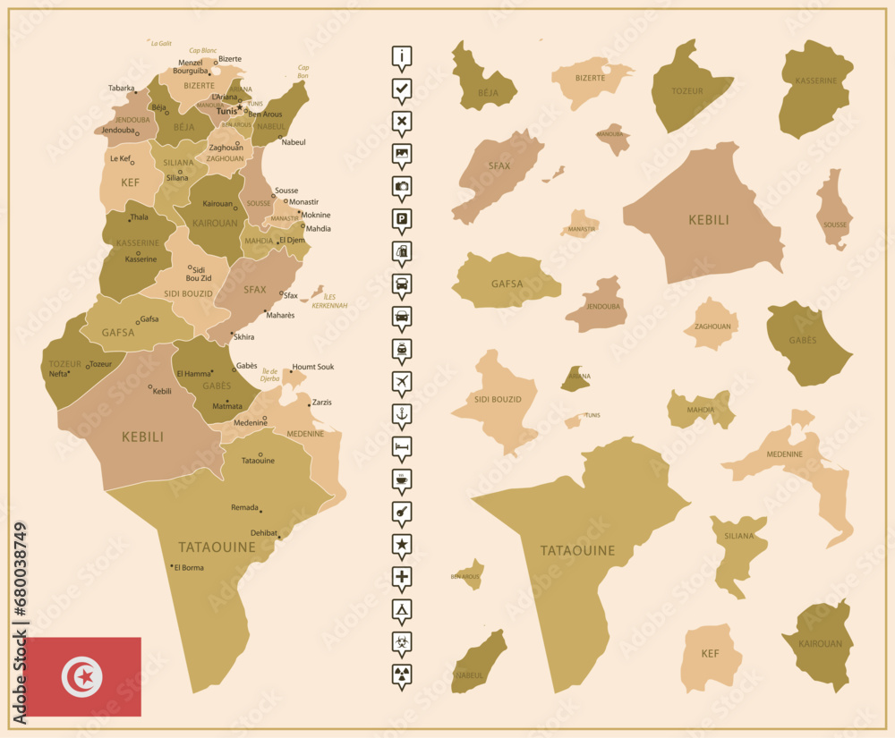 Tunisia - detailed map of the country in brown colors, divided into ...