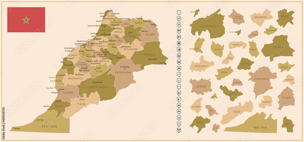 Morocco - detailed map of the country in brown colors, divided into ...