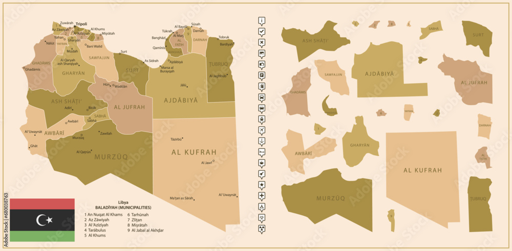 Libya - detailed map of the country in brown colors, divided into ...