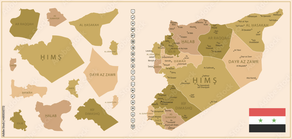 Syria - detailed map of the country in brown colors, divided into ...