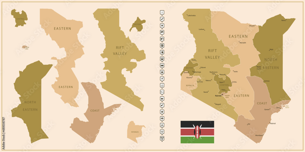 Kenya - detailed map of the country in brown colors, divided into ...