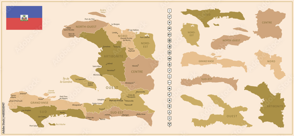Haiti - detailed map of the country in brown colors, divided into ...
