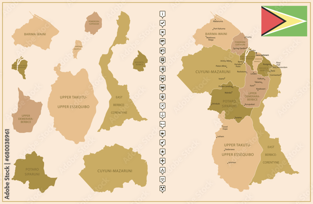 Guyana - detailed map of the country in brown colors, divided into ...