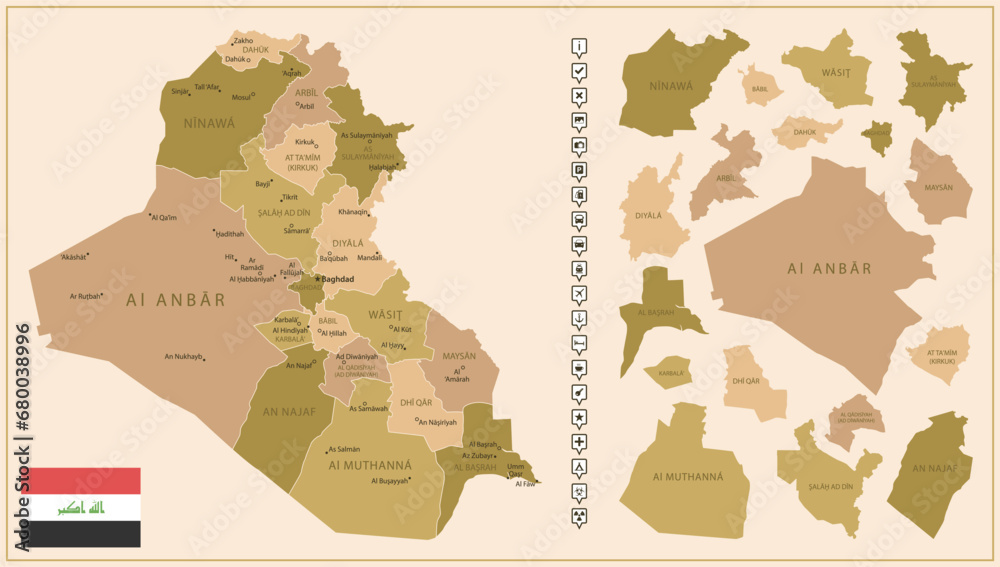 Iraq - detailed map of the country in brown colors, divided into ...