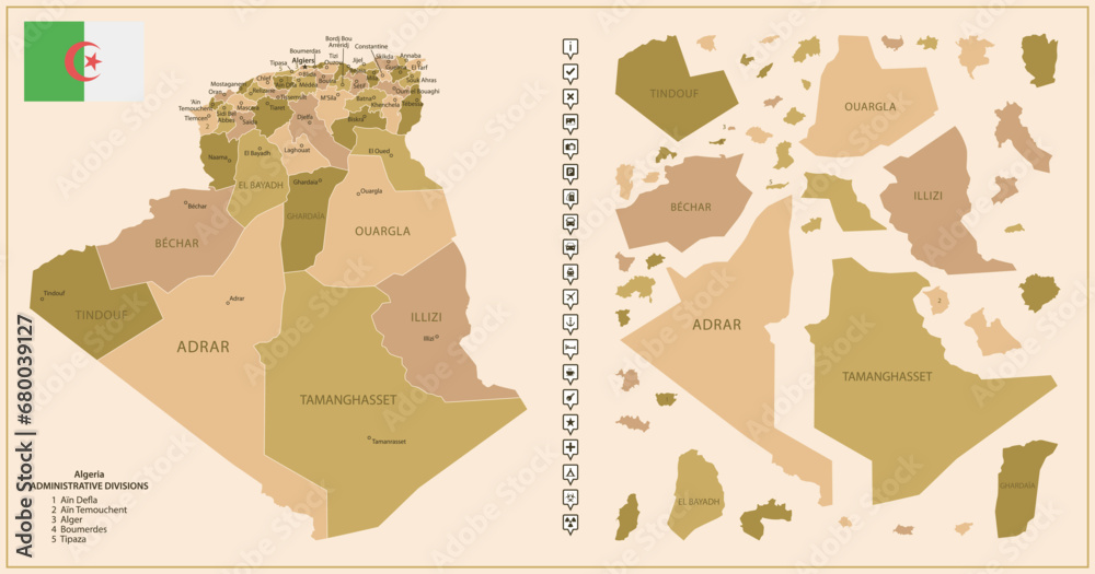 Algeria - detailed map of the country in brown colors, divided into ...