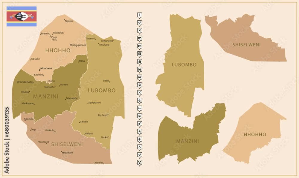 Eswatini - detailed map of the country in brown colors, divided into ...