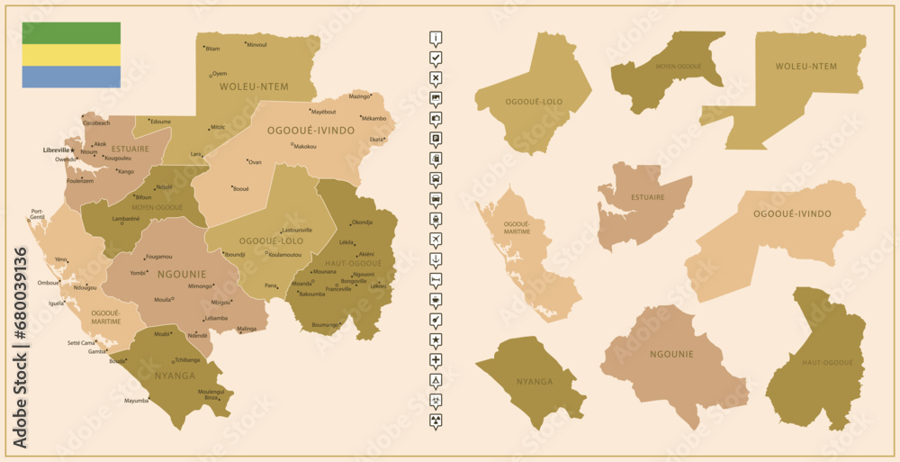 Gabon - detailed map of the country in brown colors, divided into ...
