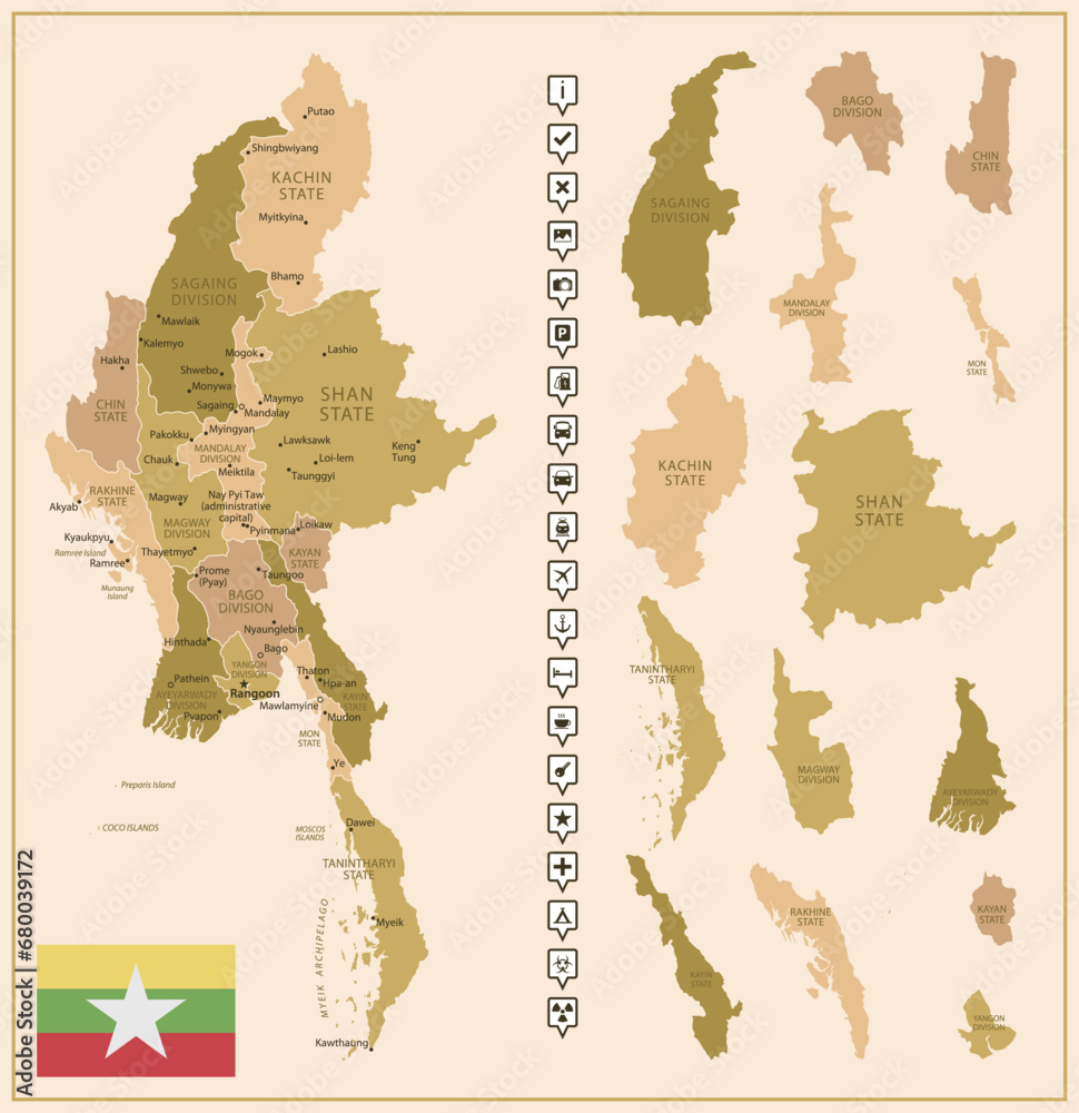Myanmar - detailed map of the country in brown colors, divided into ...