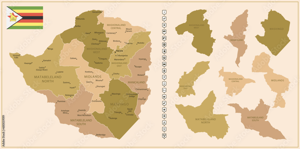 Zimbabwe - detailed map of the country in brown colors, divided into ...