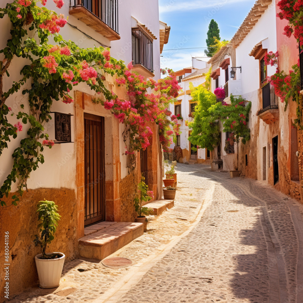 street in the old town, a picturesque 17th-century Spanish village, its ...