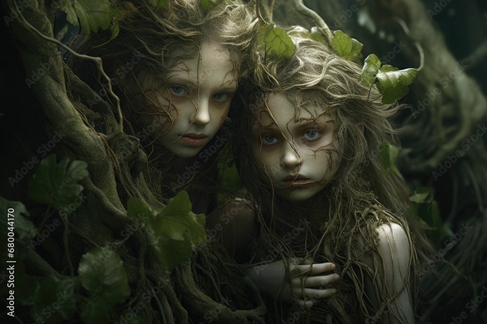 Two young female creatures of the forest. fantasy characters in the ...