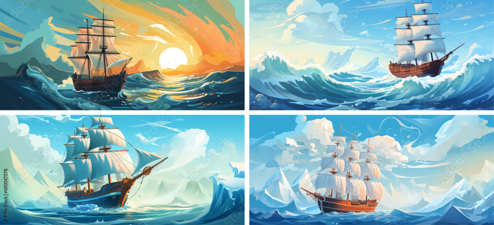 sea ocean nature art illustration sail landscape water wave boat sky ...