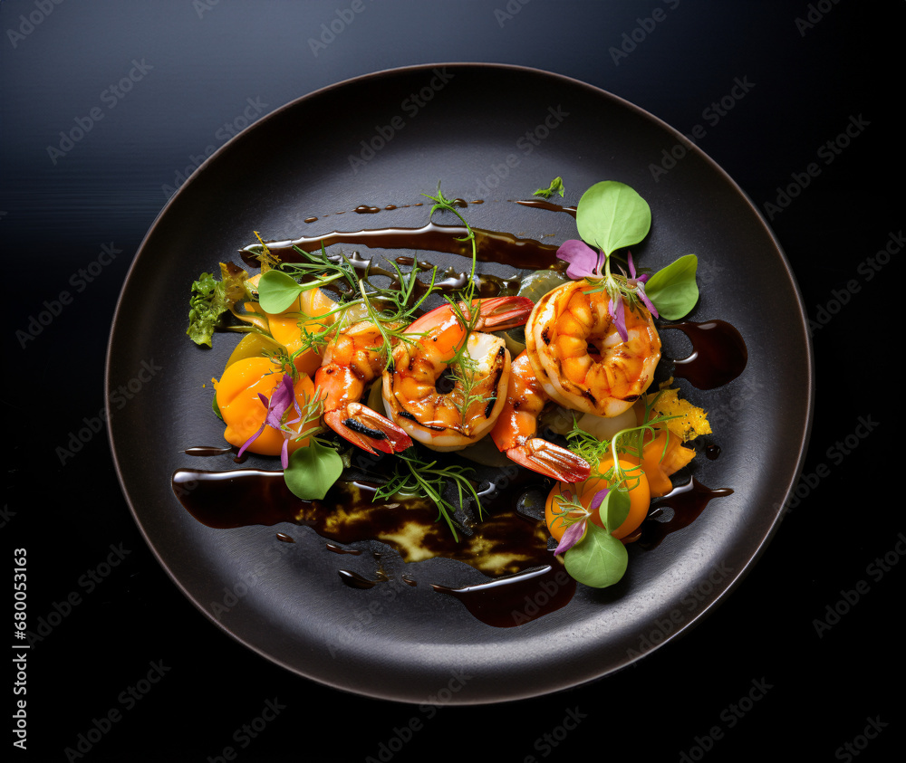 Food fish elegant gourmet black plate top view lunch dinnerdish meal ...