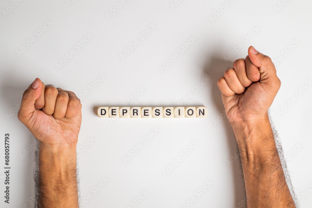 depression gesture with close fists and word depression written with ...