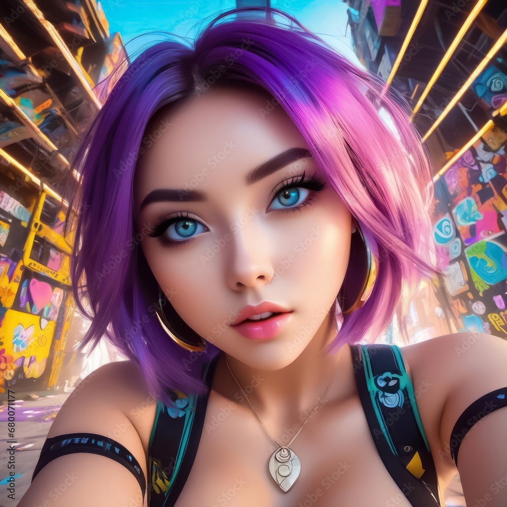 Sexy Cyber Girl Taking Selfie Colorful Art Style Big Breasts Attractive Seductive Stock
