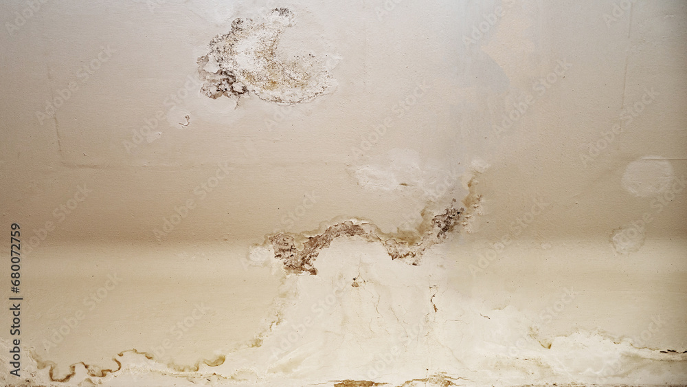 Flooding rainwater, causing damage, peeling paint and mildew. Stock ...