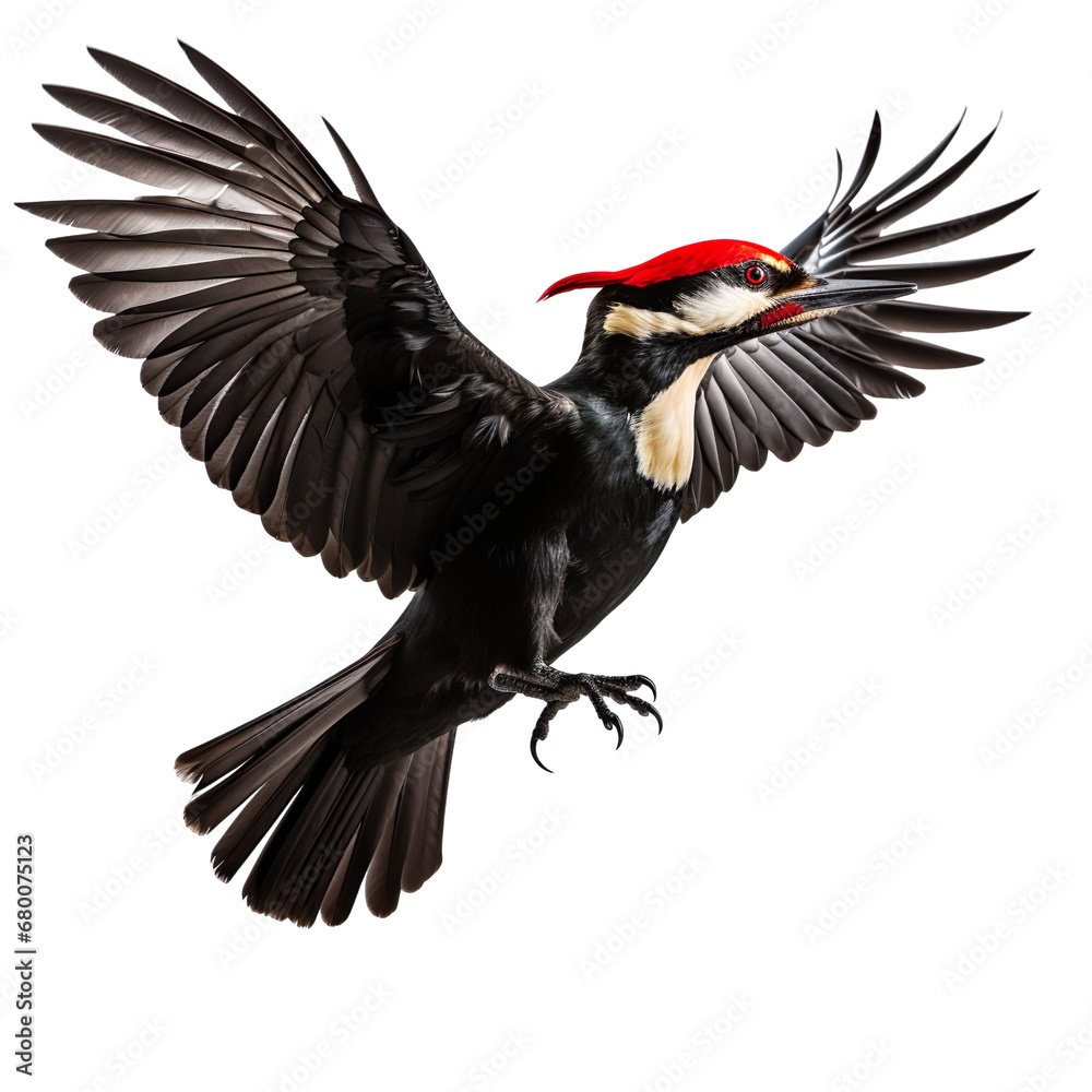 front view of Pileated Woodpecker bird with wings open and landing ...