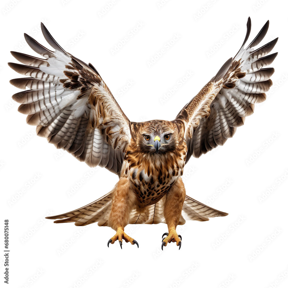 front view of Red-tailed Hawk bird with wings open and landing isolated ...